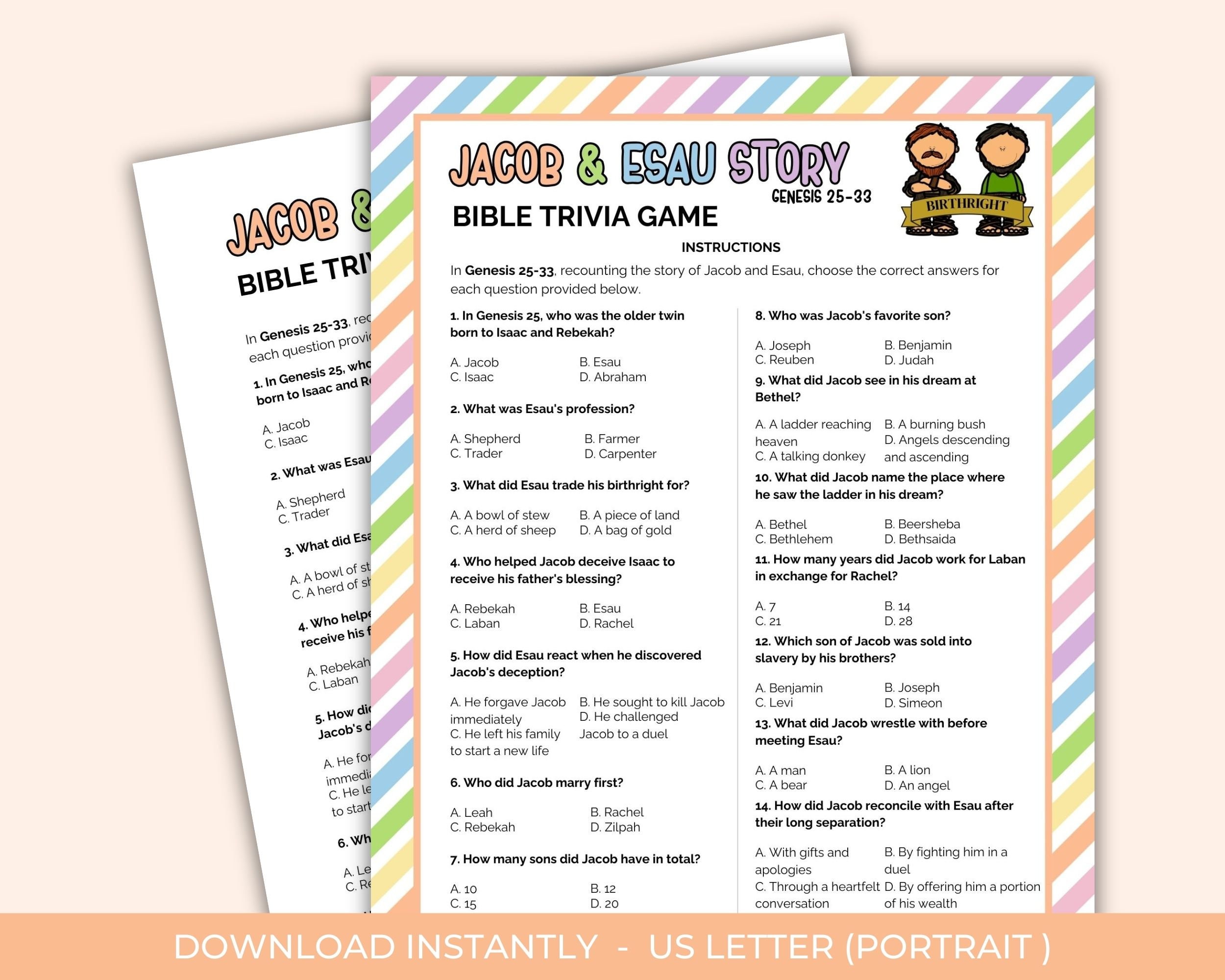 Jacob and Esau Bible Trivia for Kids, Printable Trivia Game, Bible ...