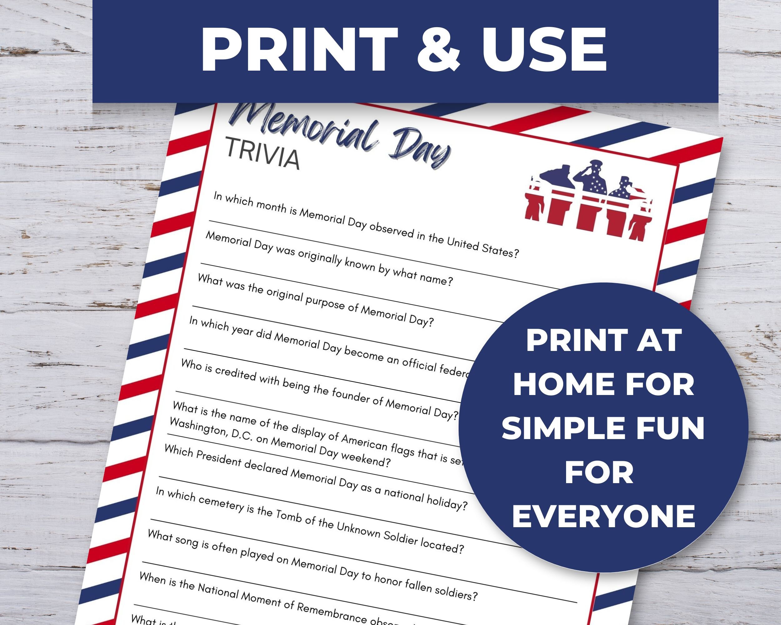 Memorial Day Trivia, Memorial Day Printable, Memorial Day Game ...