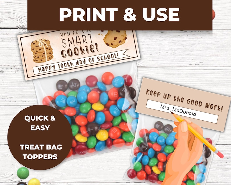 100 Days of School Treat Bag Topper, One Smart Cookie Tag, 100 Days ...