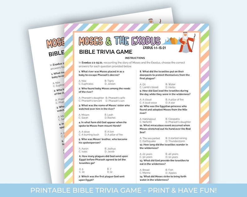 Bible Trivia for Kids, Printable Trivia Game, Moses & the Exodus Bible ...