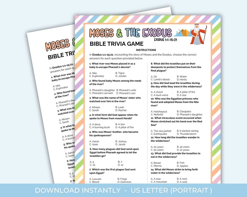 Bible Trivia for Kids, Printable Trivia Game, Moses & the Exodus Bible ...