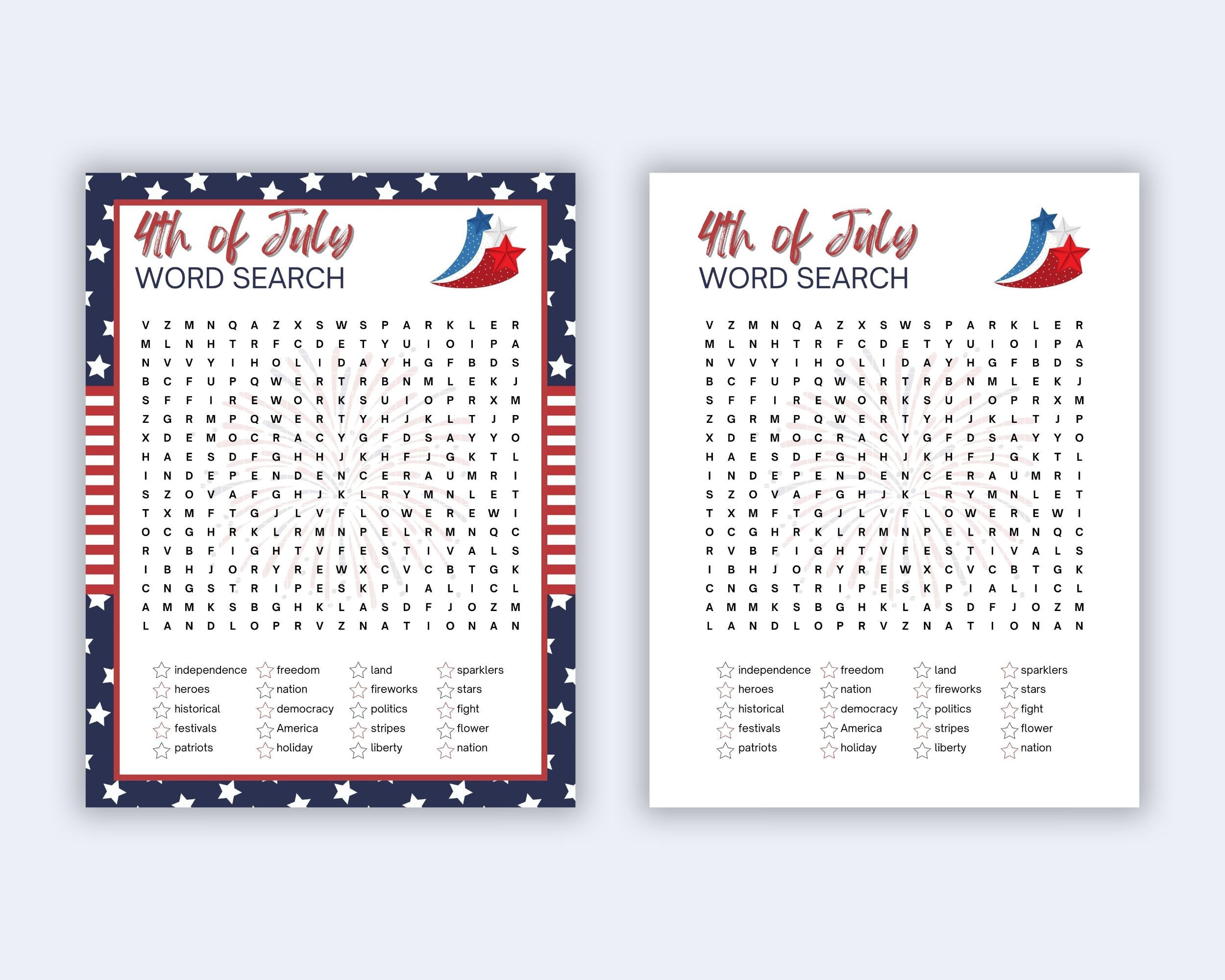 4th of July Word Search, Printable 4th of July Party Games, 4th of July ...