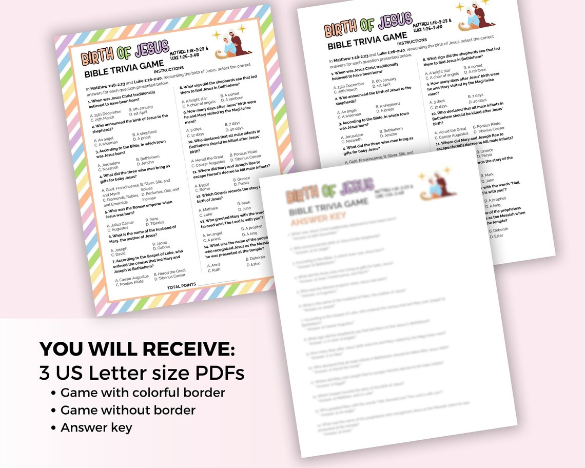 Birth of Jesus Bible Trivia for Kids, Printable Trivia Game, Bible ...