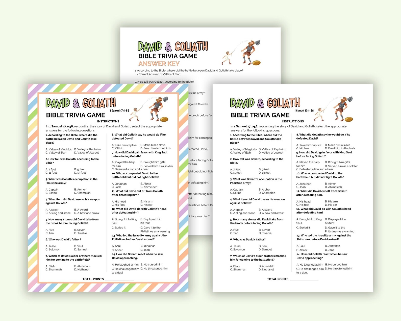 David and Goliath Bible Trivia for Kids, Printable Trivia Game, Bible ...