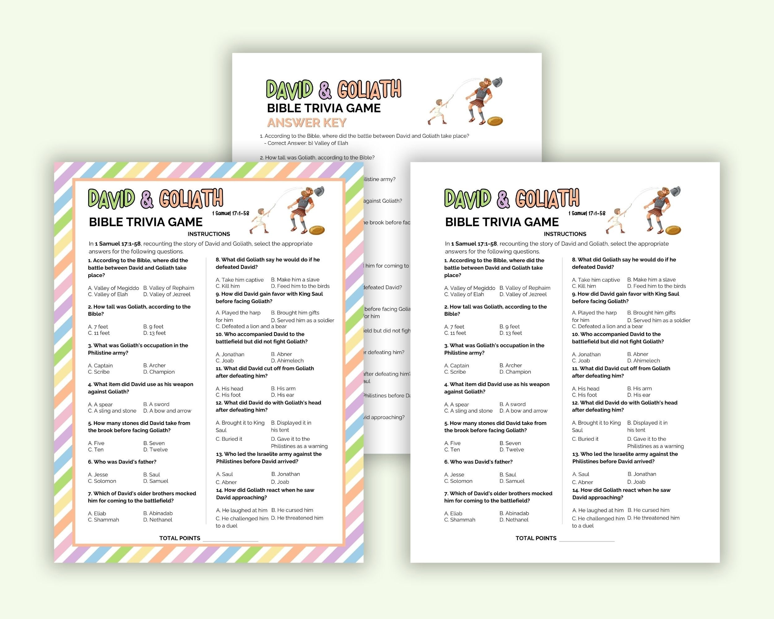 David and Goliath Bible Trivia for Kids, Printable Trivia Game, Bible ...