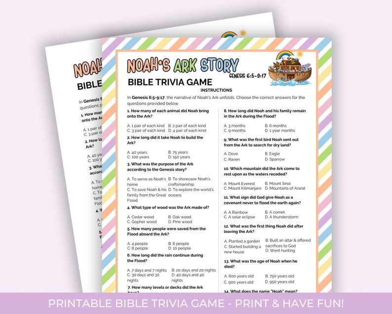 Noah's Ark Bible Trivia for Kids, Printable Trivia Game, Bible Story ...