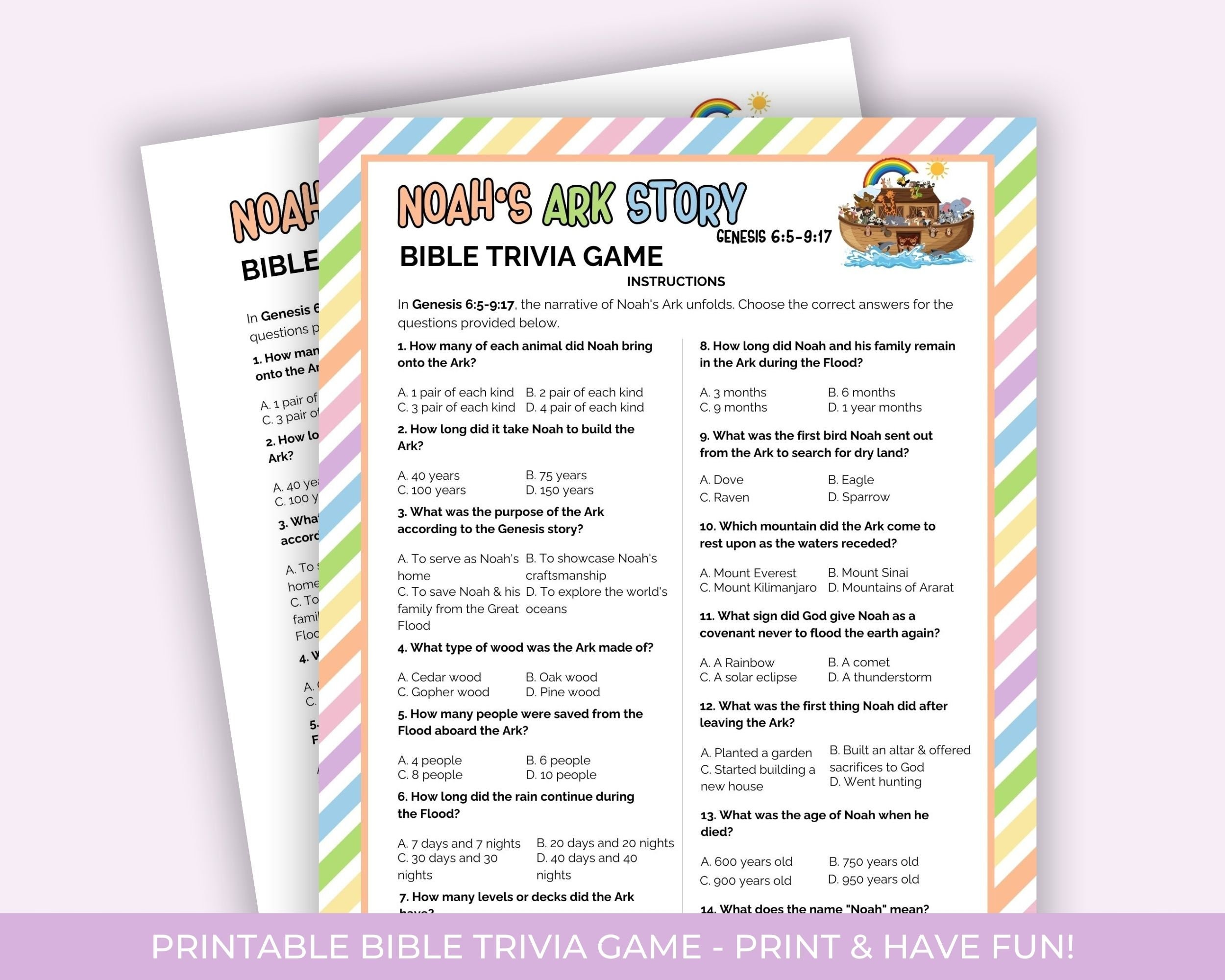 Noah's Ark Bible Trivia for Kids, Printable Trivia Game, Bible Story ...