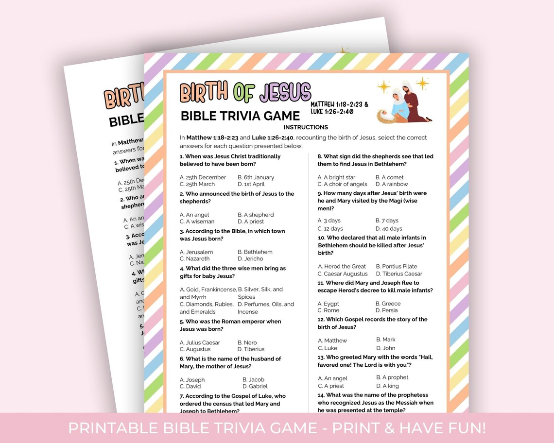 Birth of Jesus Bible Trivia for Kids, Printable Trivia Game, Bible ...