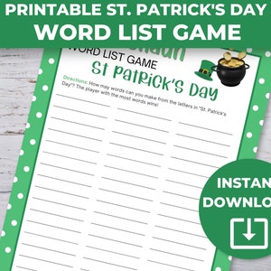 Printable St Patricks Day Game for Kids, St Patricks Day Word List Game ...