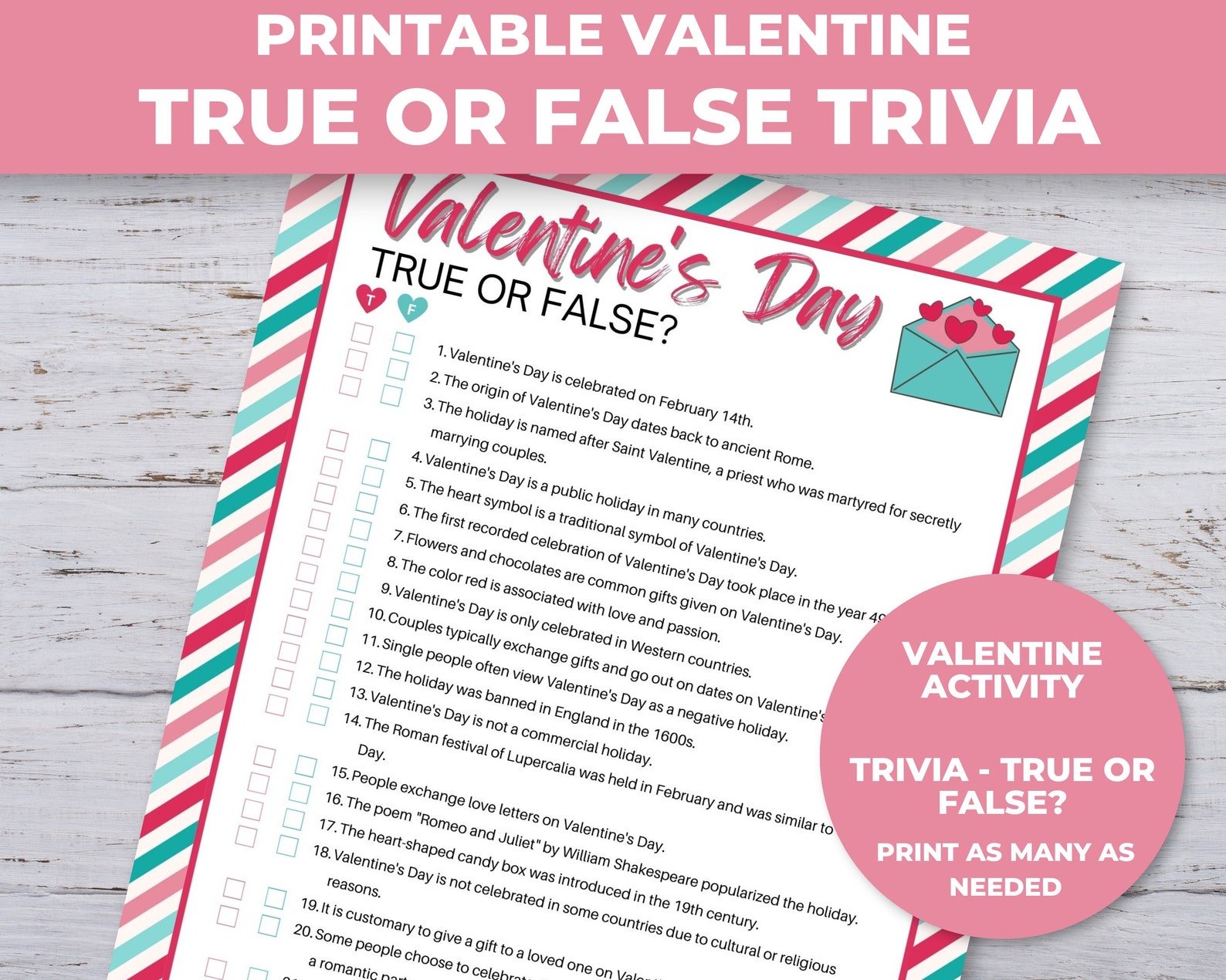 Valentine Trivia Printable, Valentine True or False Trivia Game ...