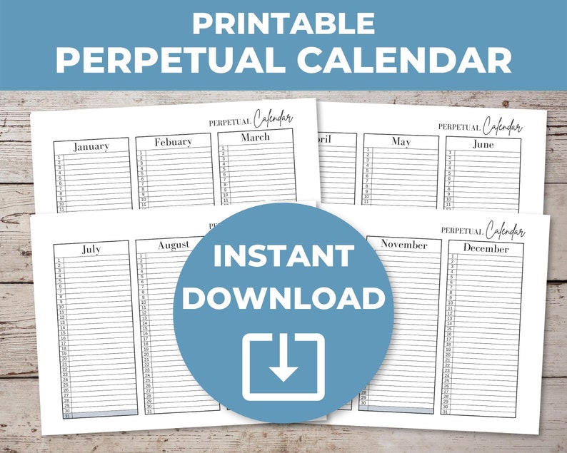 Printable Perpetual Calendar, Undated Calendar Printable, Year at A ...
