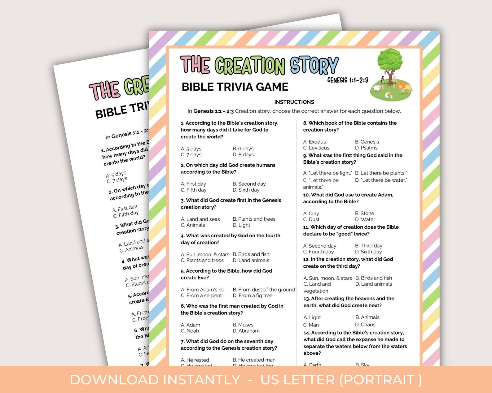 The Creation Story Bible Printable Trivia Game for Kids, Bible Story ...