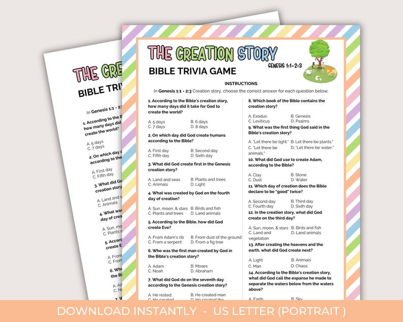 The Creation Story Bible Printable Trivia Game for Kids, Bible Story ...