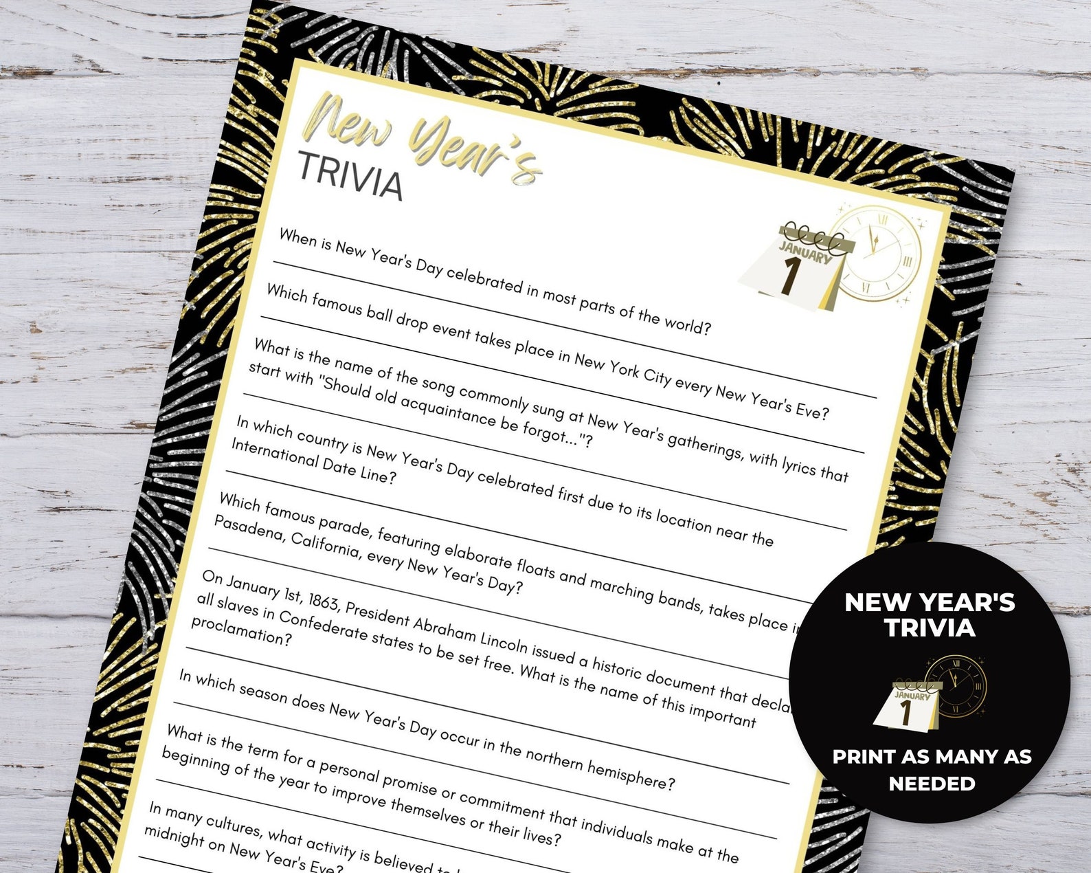 New Years Trivia Printable, New Years Eve Trivia, New Years Eve Party ...