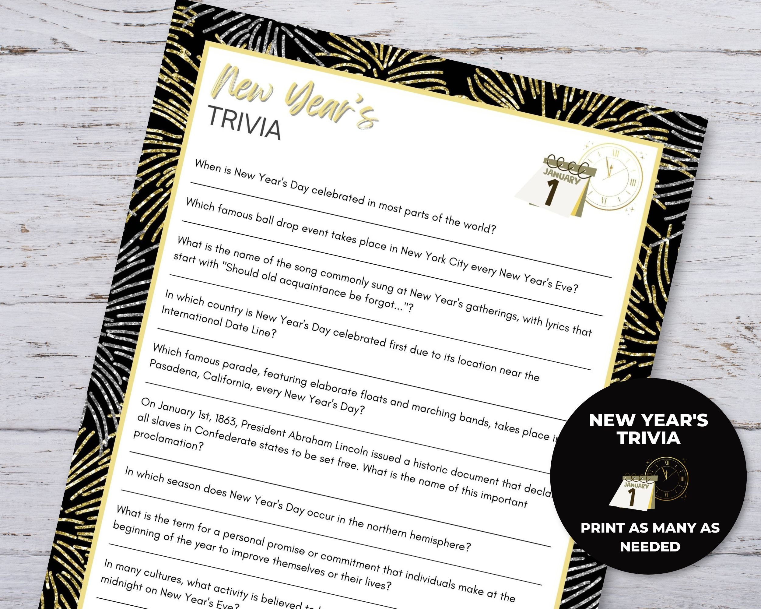 New Years Trivia Printable, New Years Eve Trivia, New Years Eve Party ...