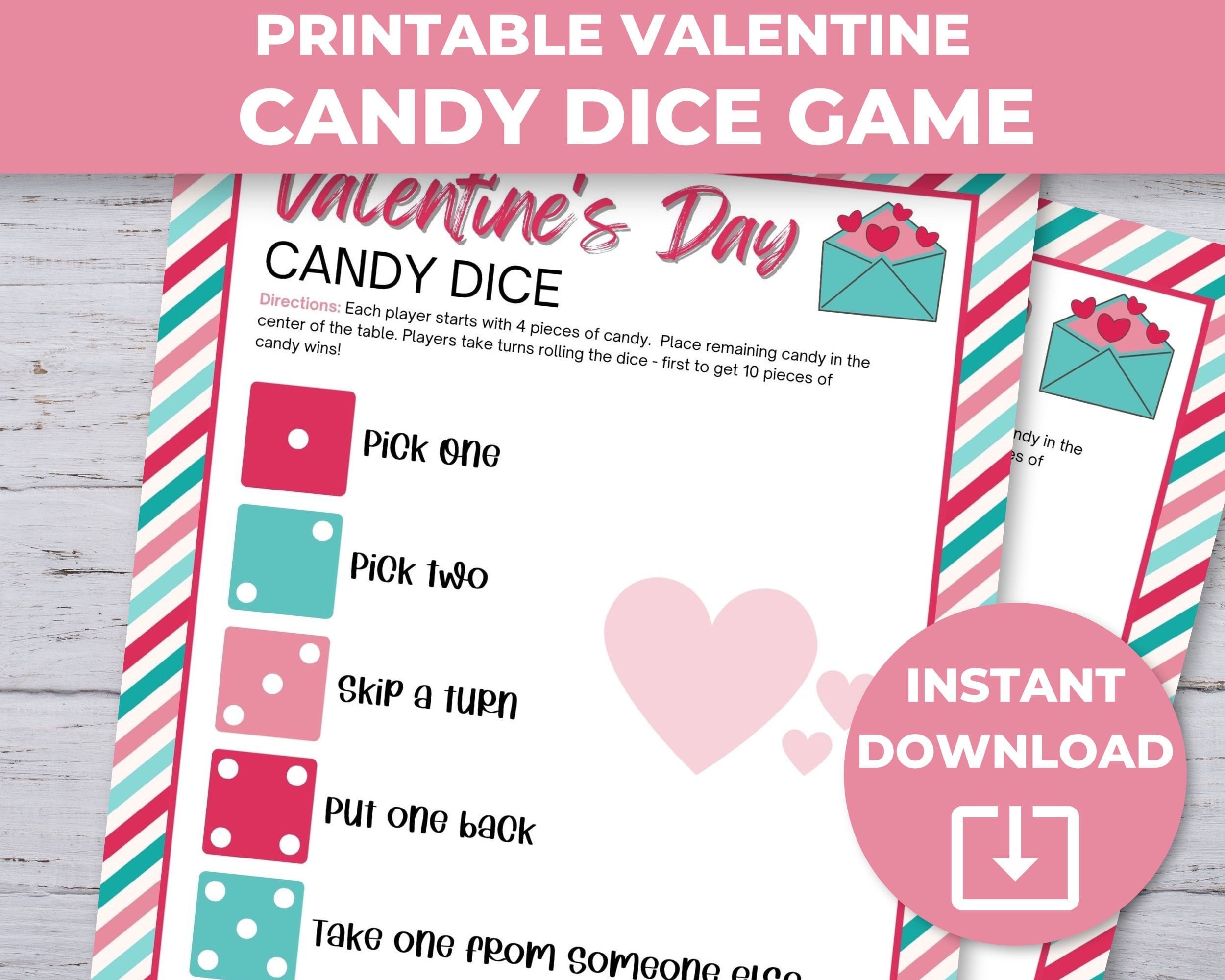Printable Valentine Candy Dice Game, Valentine Activities for Kids and ...