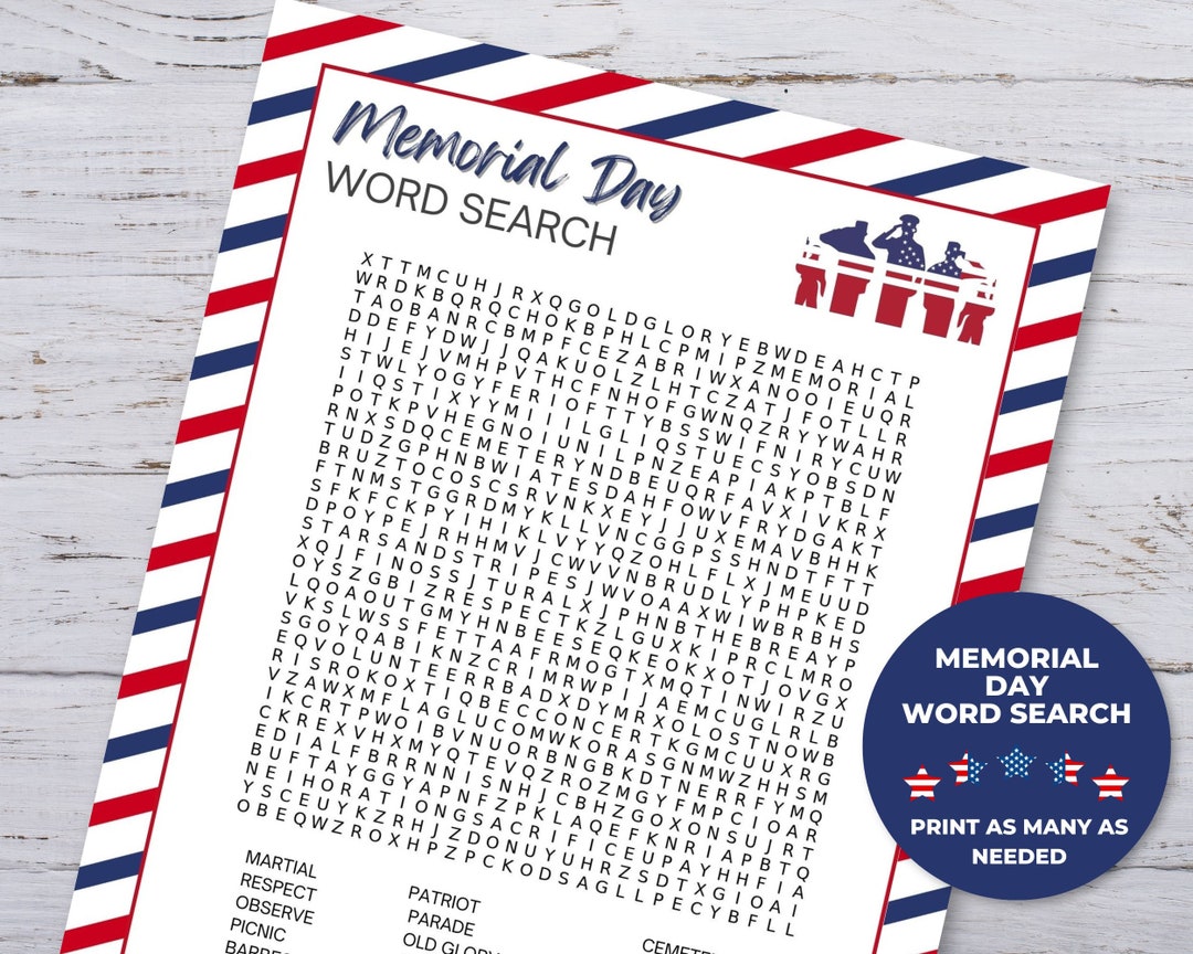 Memorial Day Word Search, Word Puzzles Printable, Patriotic Party Games ...