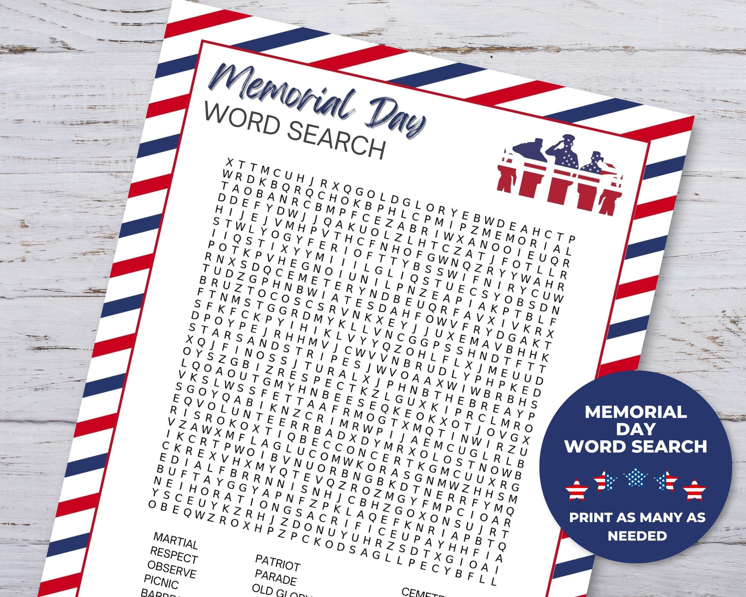 Memorial Day Word Search, Word Puzzles Printable, Patriotic Party Games ...
