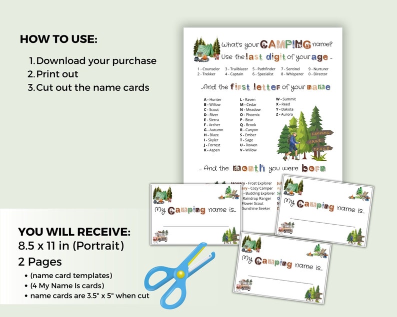Whats Your Camping Name With Name Tags, Camping Games Printable ...