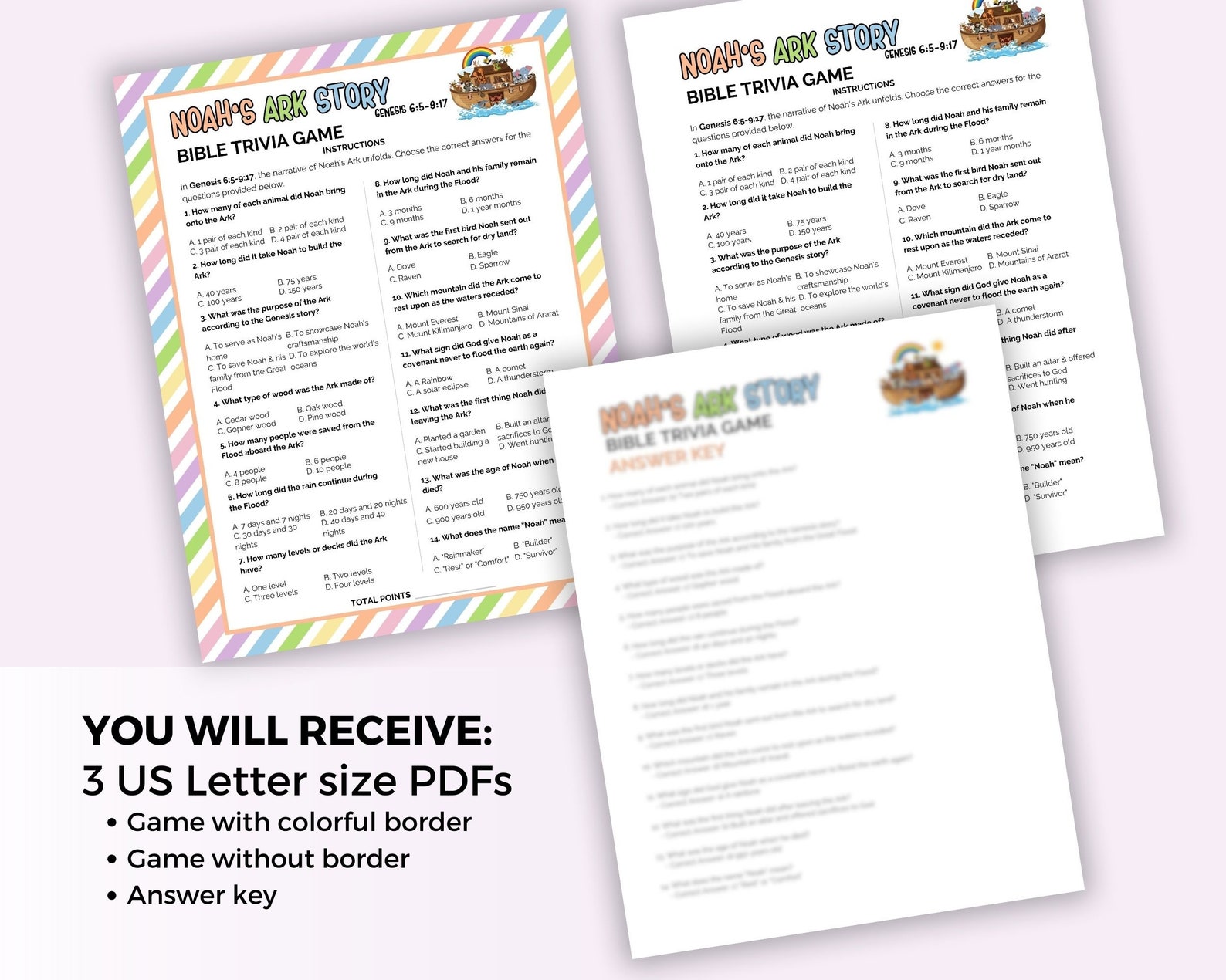 Noah's Ark Bible Trivia for Kids, Printable Trivia Game, Bible Story ...