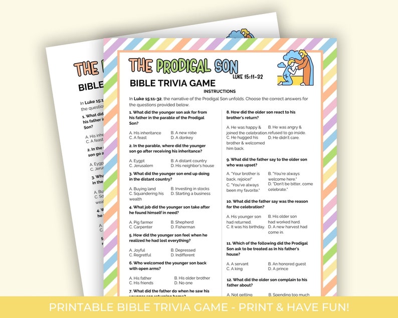 The Prodigal Son Bible Trivia for Kids, Printable Trivia Game, Bible ...