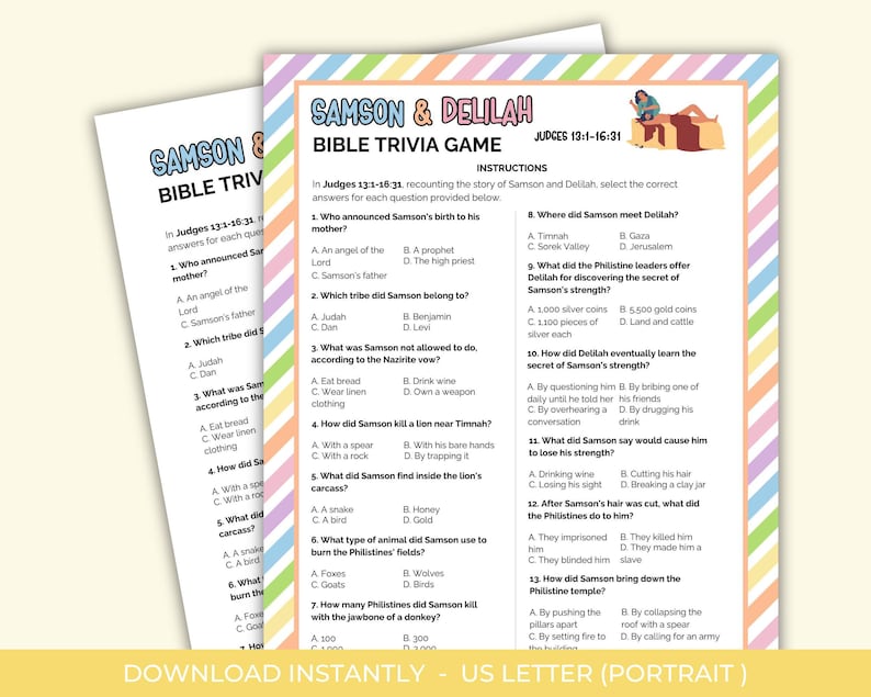 Samson and Delilah Bible Trivia Game for Kids, Bible Story Activities ...