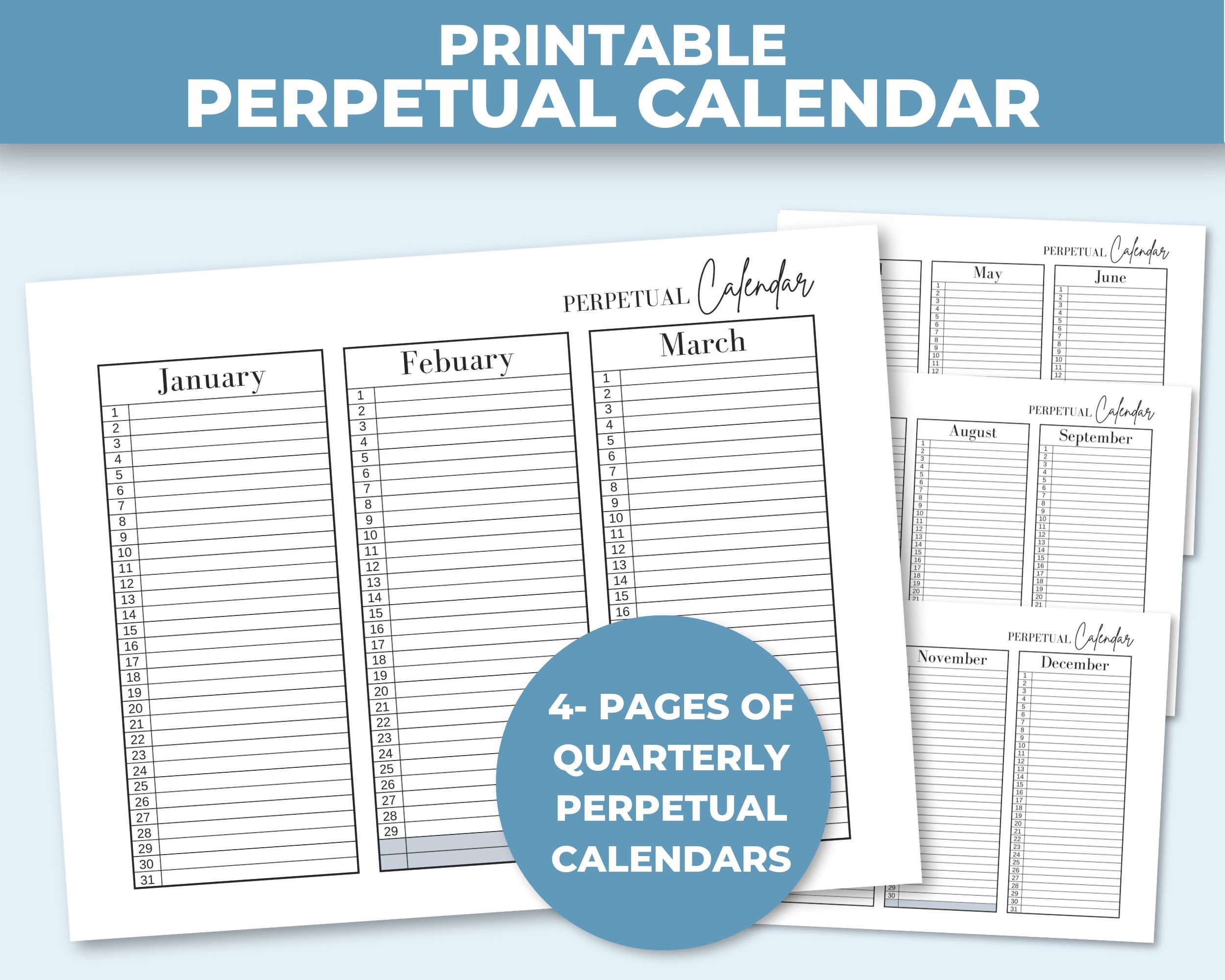 Printable Perpetual Calendar, Undated Calendar Printable, Year at A ...
