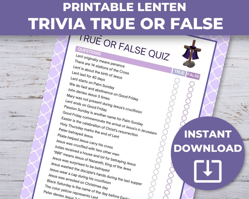 Lent Trivia Printable, Lenten True or False Trivia Game, Lent Printable ...