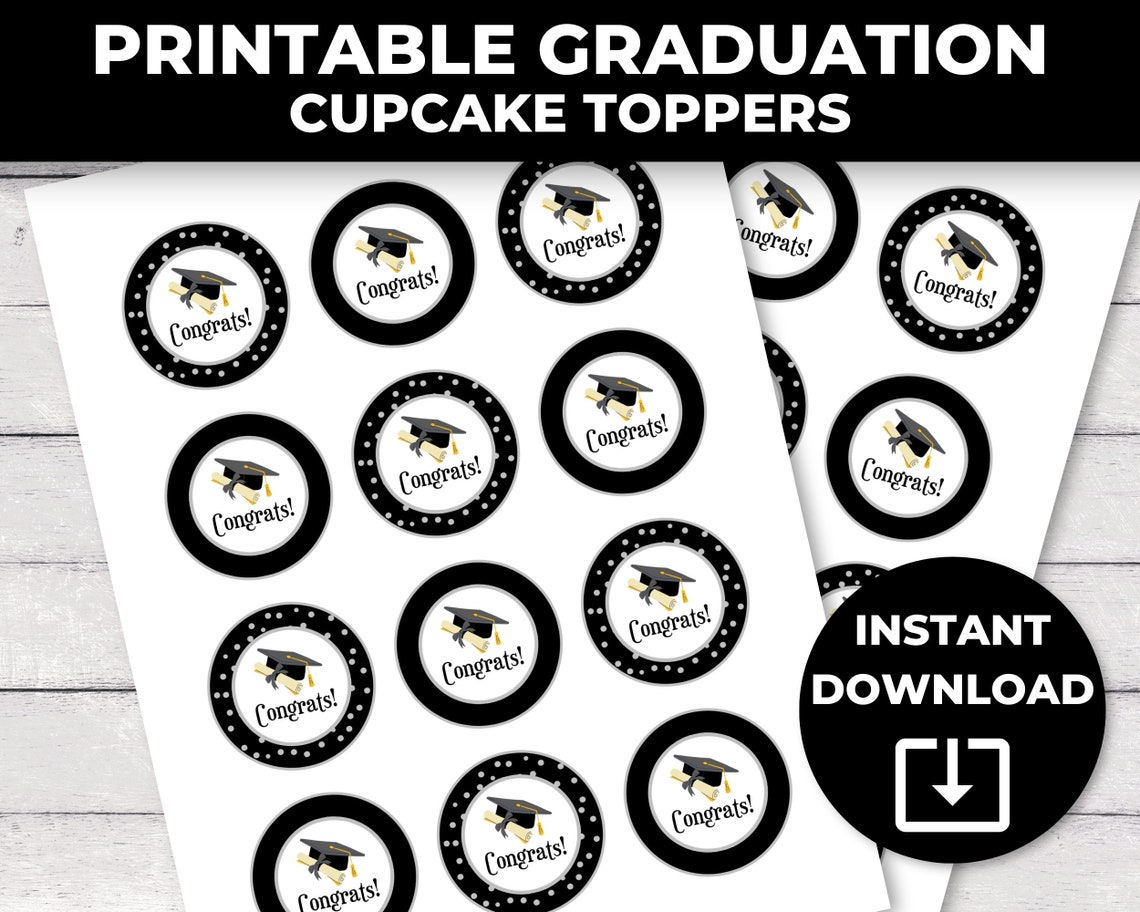 Black and Silver Graduation Printable Cupcake Toppers, Graduation ...