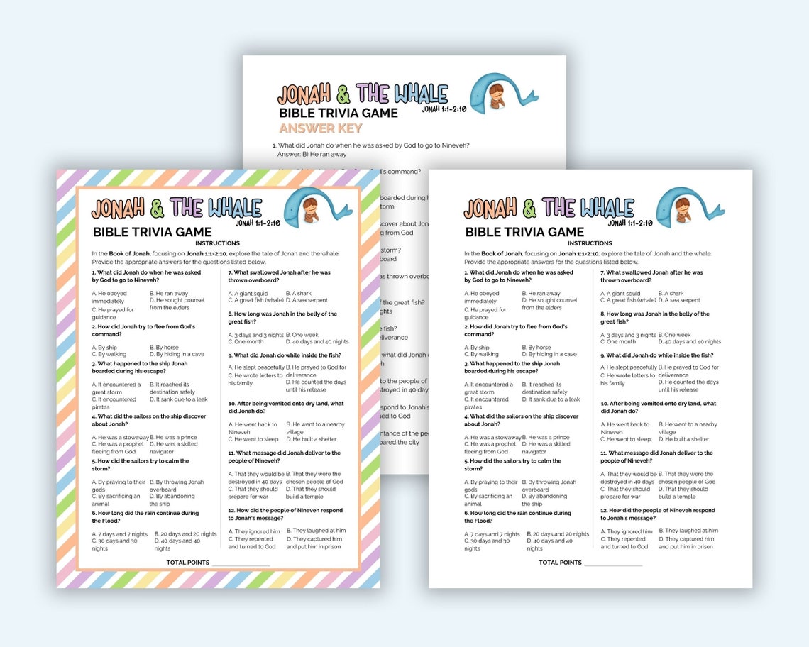 Jonah and the Whale Bible Trivia for Kids, Printable Trivia Game, Bible ...