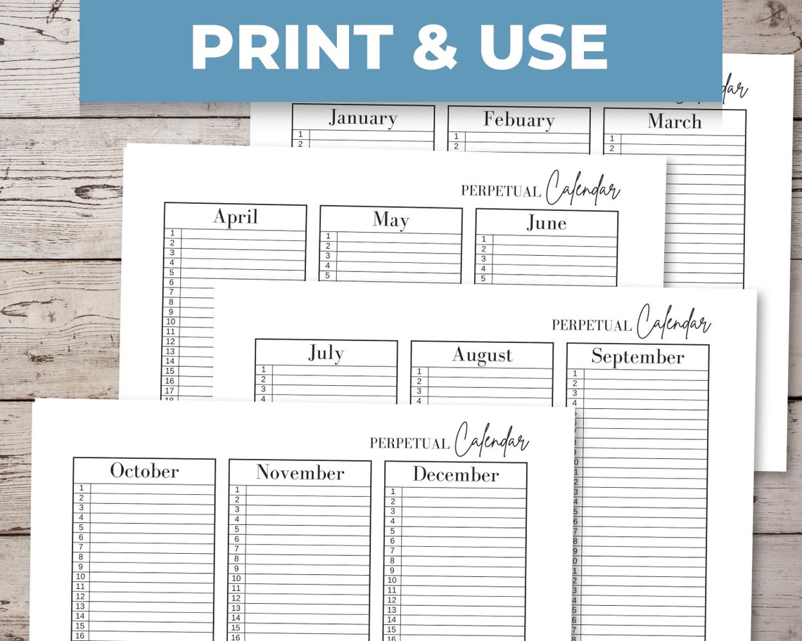 Printable Perpetual Calendar, Undated Calendar Printable, Year at A ...