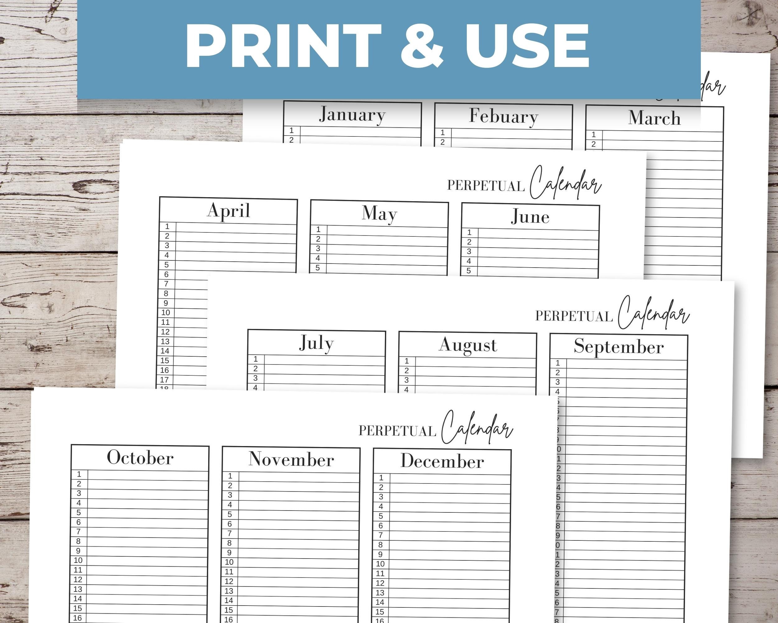 Printable Perpetual Calendar, Undated Calendar Printable, Year at A ...