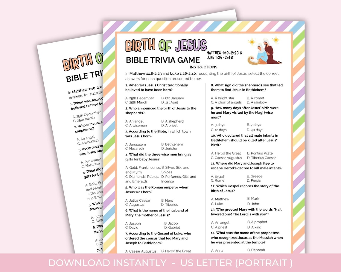 Birth of Jesus Bible Trivia for Kids, Printable Trivia Game, Bible ...