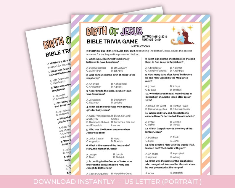 Birth of Jesus Bible Trivia for Kids, Printable Trivia Game, Bible ...