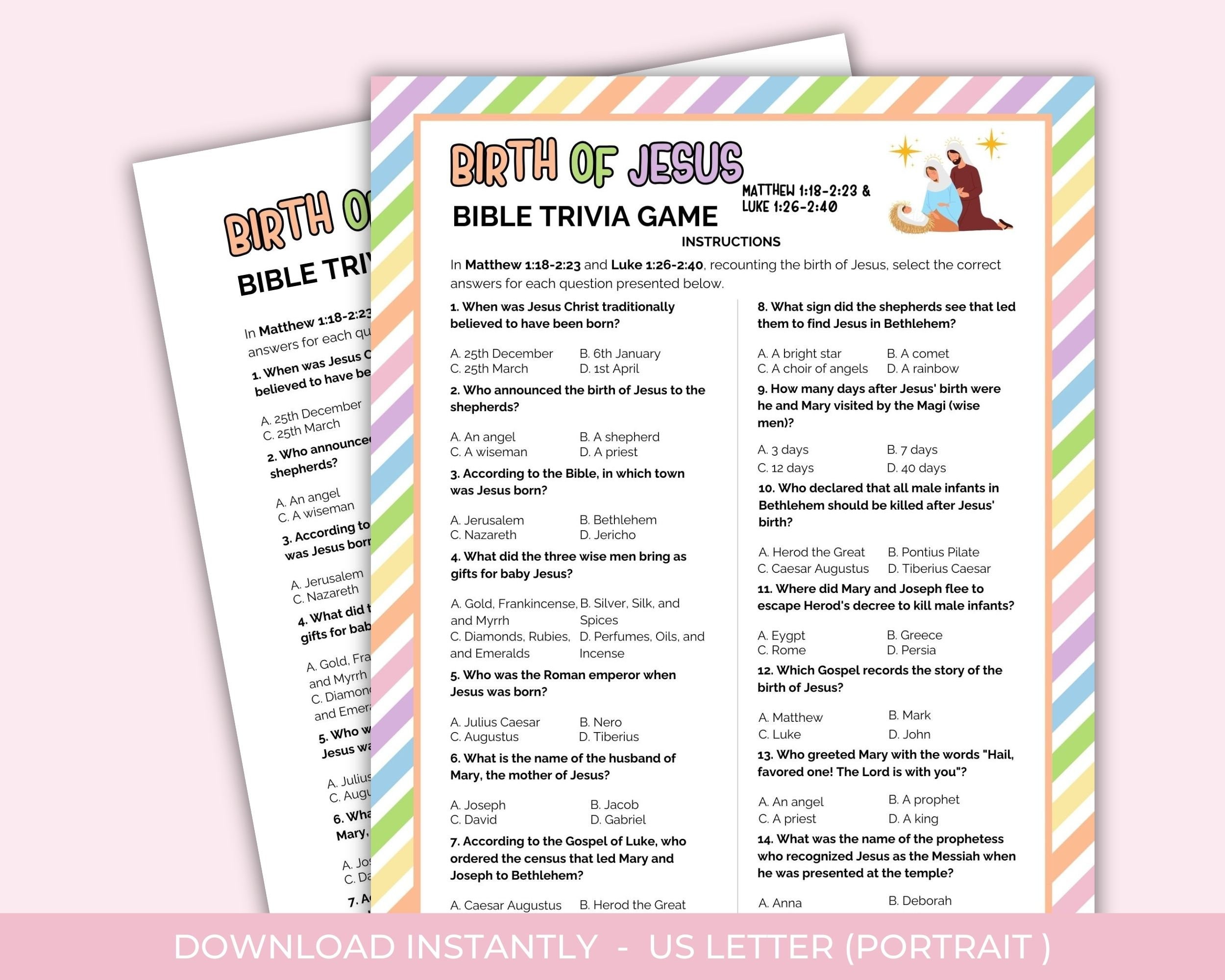 Birth of Jesus Bible Trivia for Kids, Printable Trivia Game, Bible ...