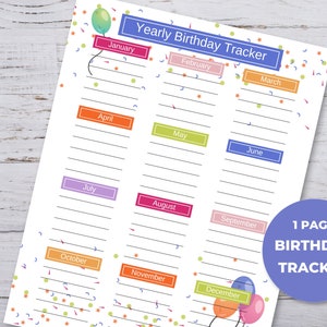 Yearly Birthday Calendar, Printable Birthday Tracker, Birthday List ...