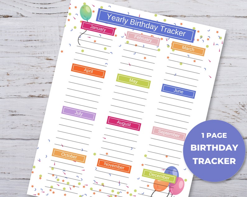 Yearly Birthday Calendar, Printable Birthday Tracker, Birthday List ...