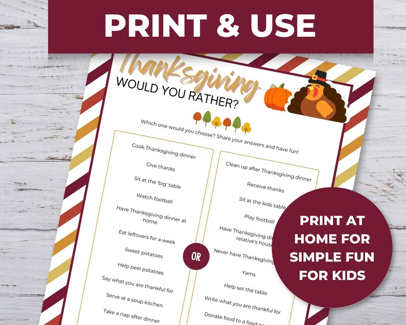 Printable Thanksgiving Would You Rather Game This or That - Etsy