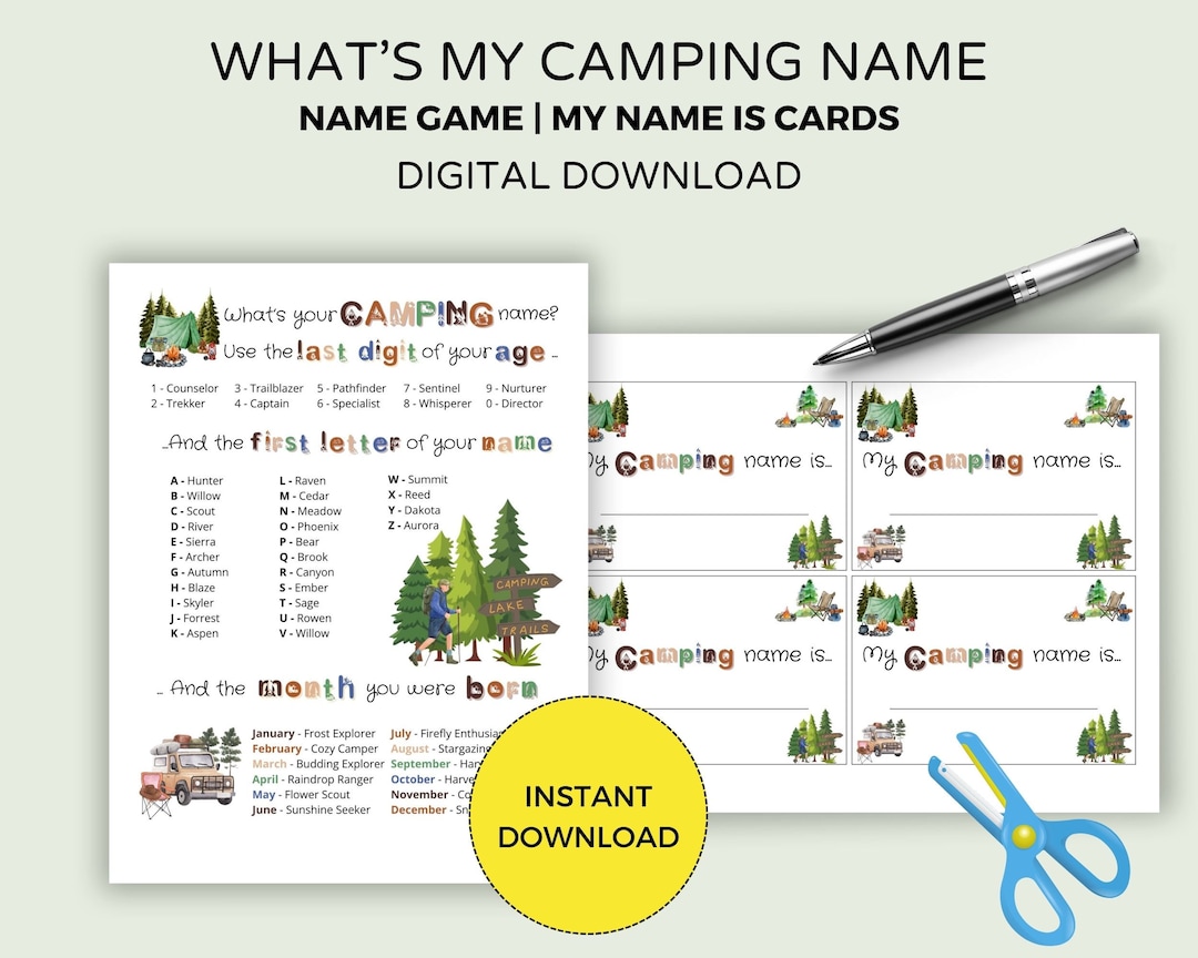 Whats Your Camping Name With Name Tags, Camping Games Printable ...