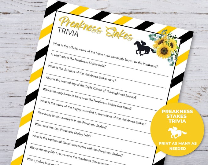 Preakness Stakes Party Game, Derby Trivia, Triple Crown Party Game, Run ...