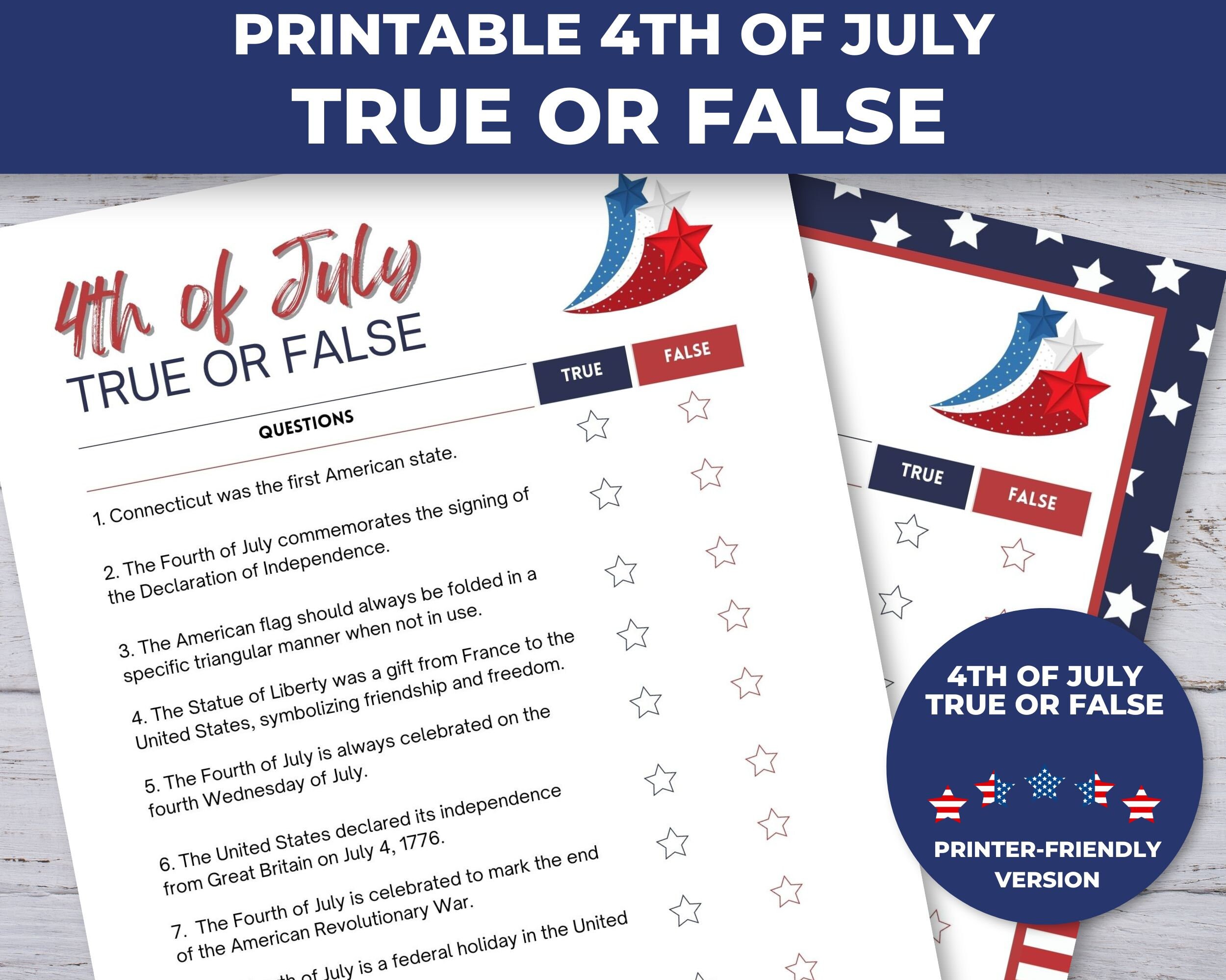 True or False Trivia, Printable 4th of July Party Games, 4th of July ...