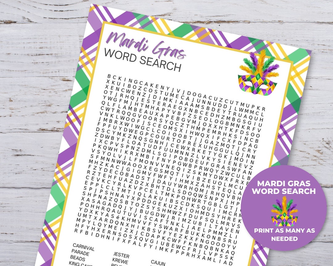 Mardi Gras Word Search Printable, Mardi Gras Printable Party Games ...