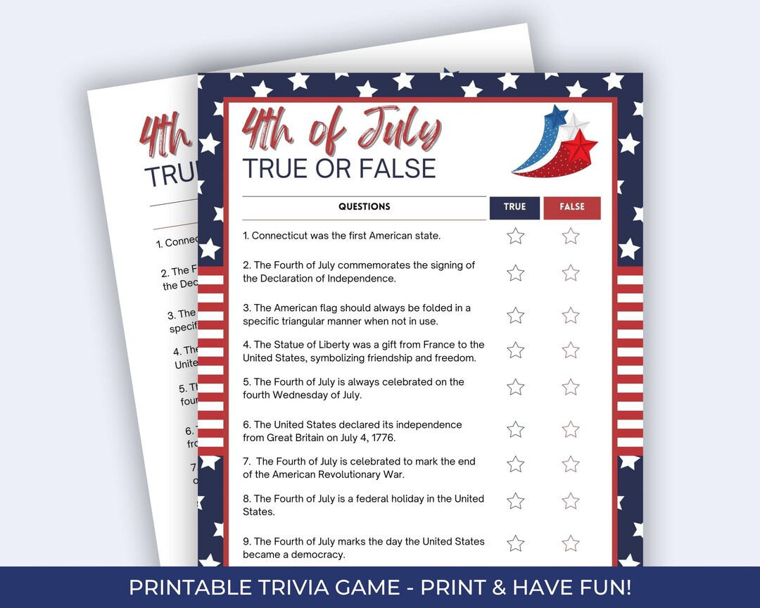 True or False Trivia, Printable 4th of July Party Games, 4th of July ...