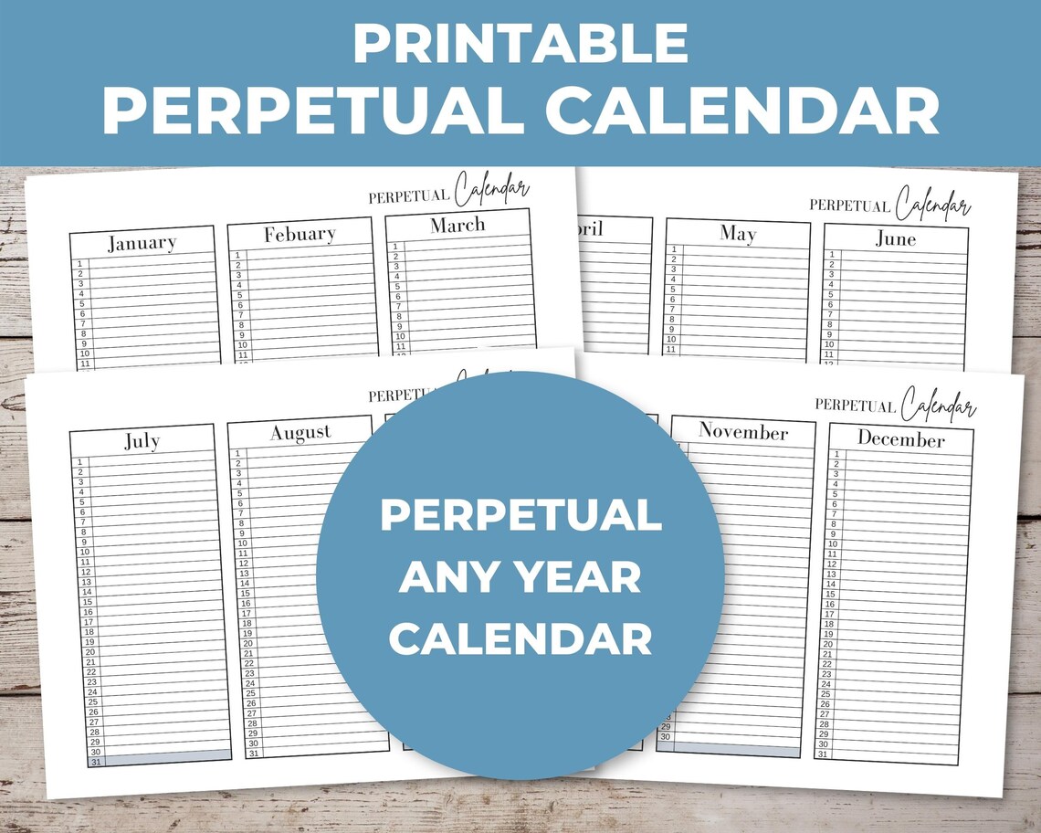 Printable Perpetual Calendar, Undated Calendar Printable, Year at A ...