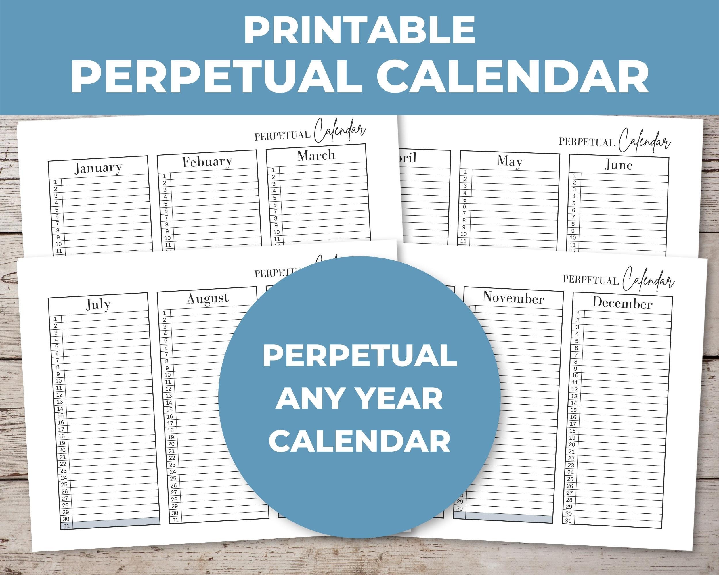 Printable Perpetual Calendar, Undated Calendar Printable, Year at A ...