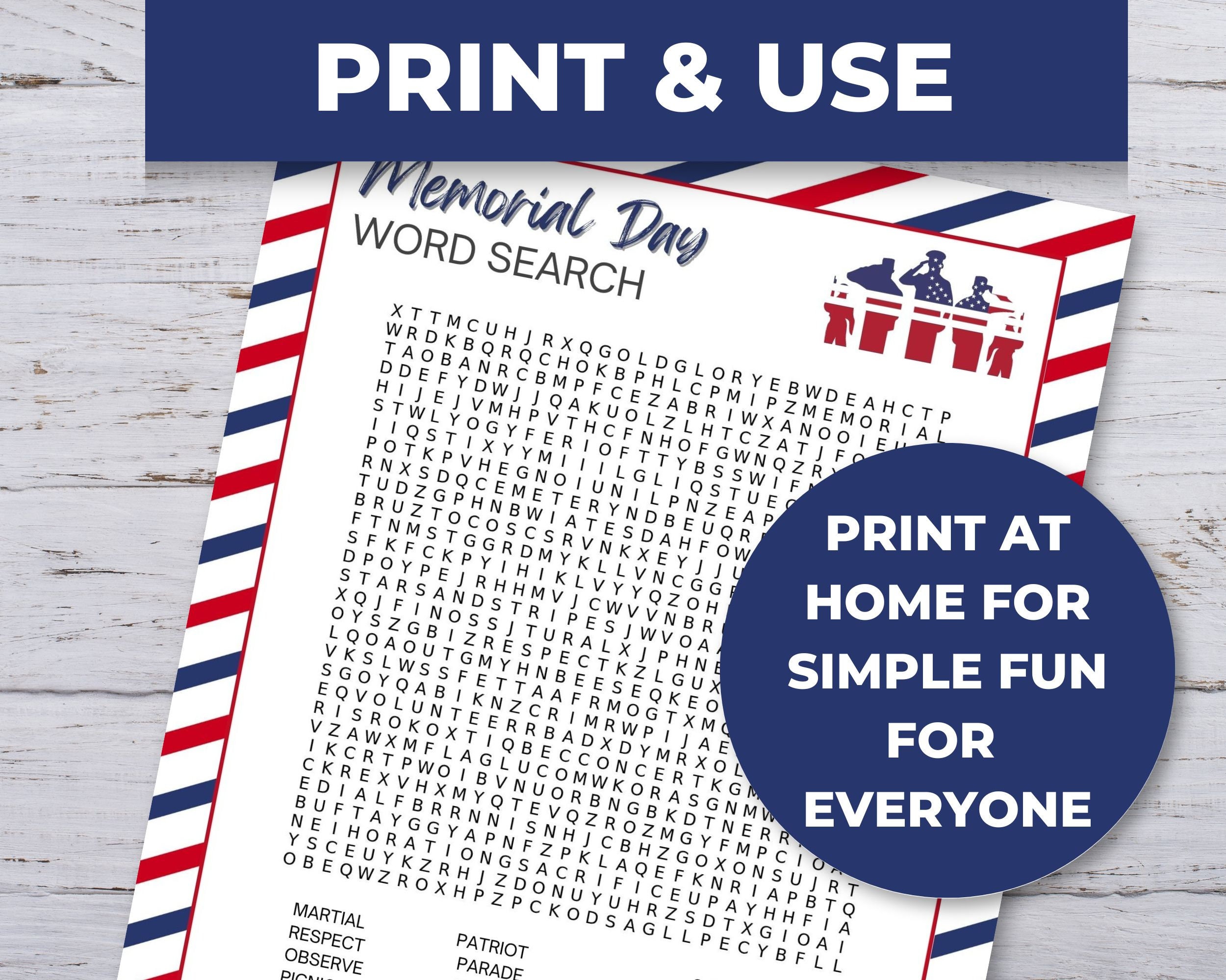 Memorial Day Word Search, Word Puzzles Printable, Patriotic Party Games ...