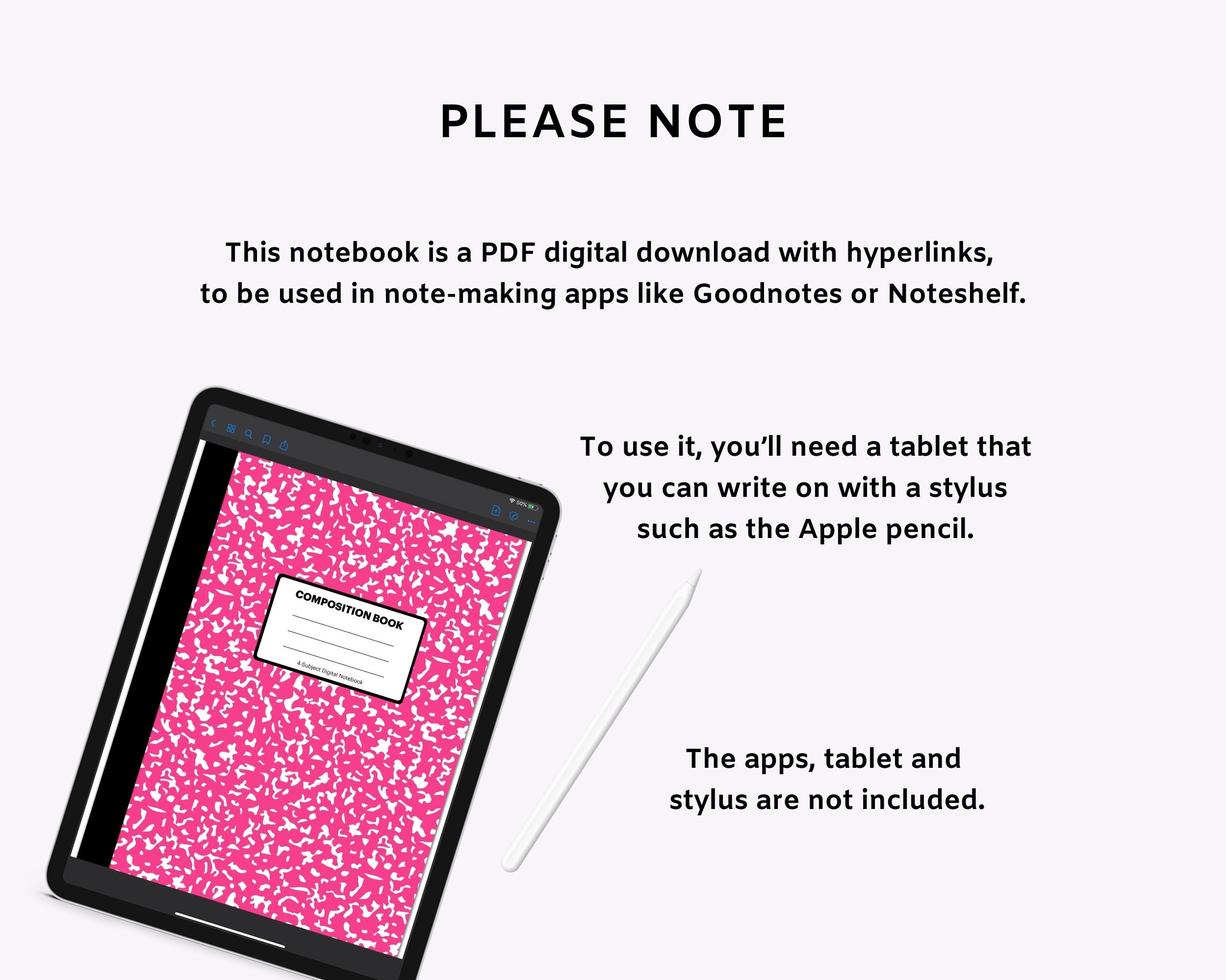 Cute Pink Notebook, Digital Composition Notebook, Notebook With Tabs ...