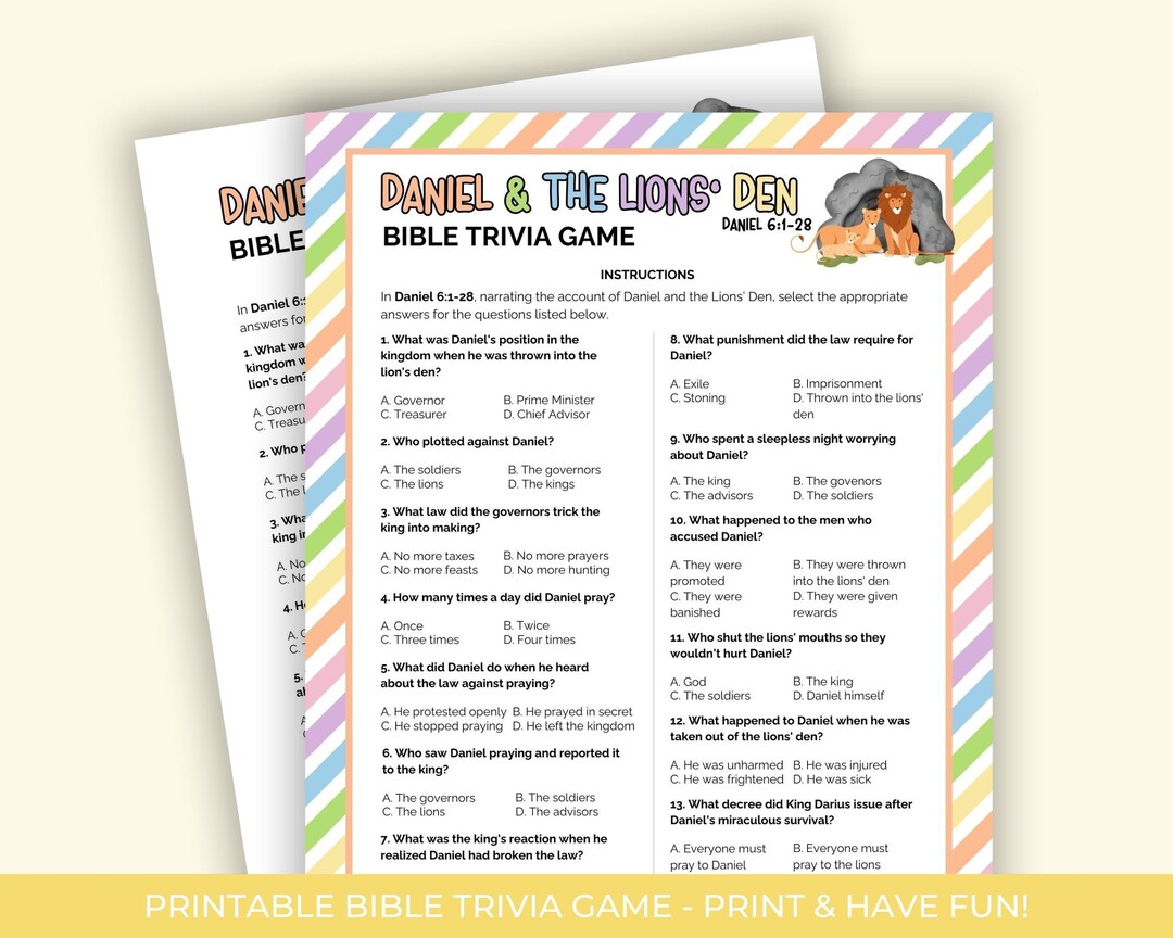 Daniel and the Lions' Den Bible Printable Trivia Game for Kids, Bible ...