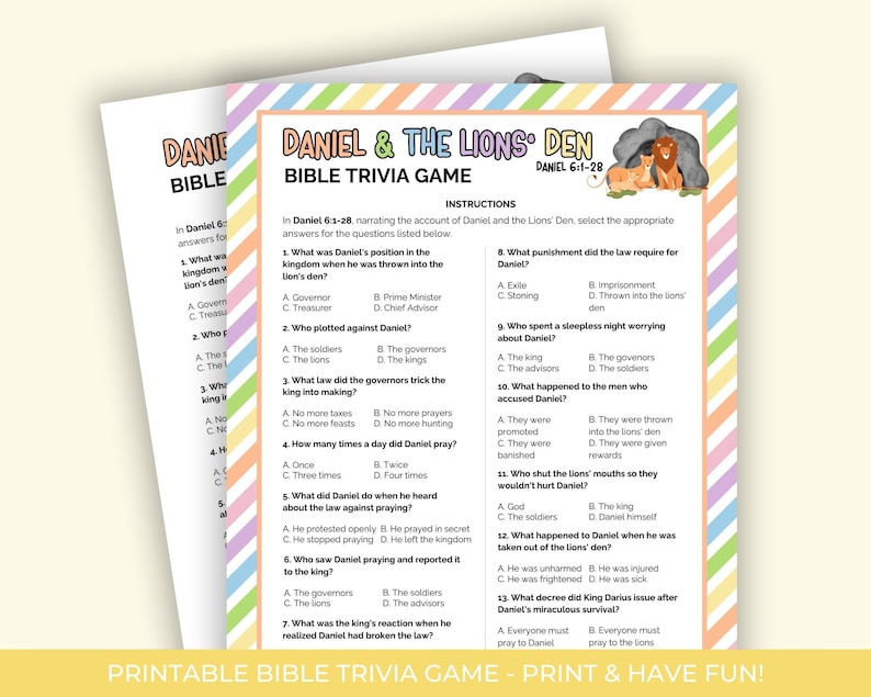 Daniel and the Lions' Den Bible Printable Trivia Game for Kids, Bible ...