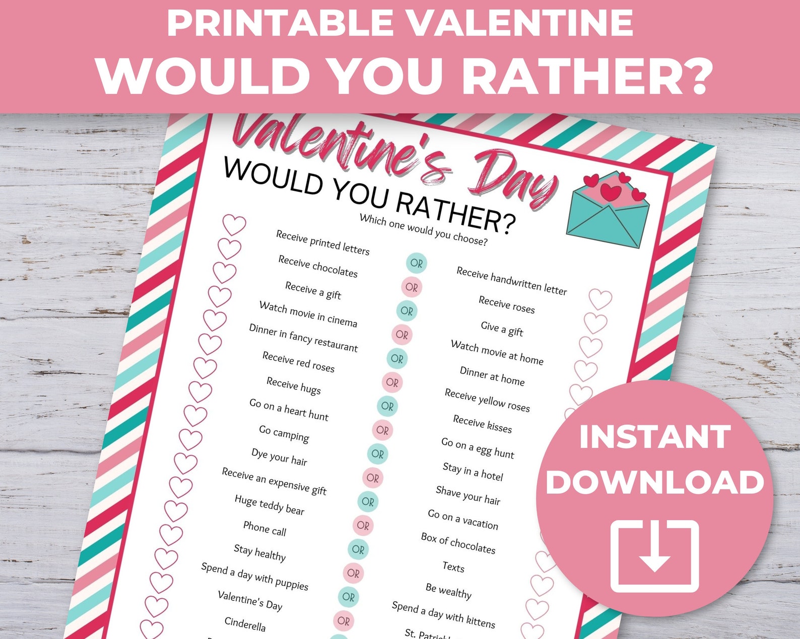 Printable Valentine Would You Rather Game, This or That Valentine Party ...